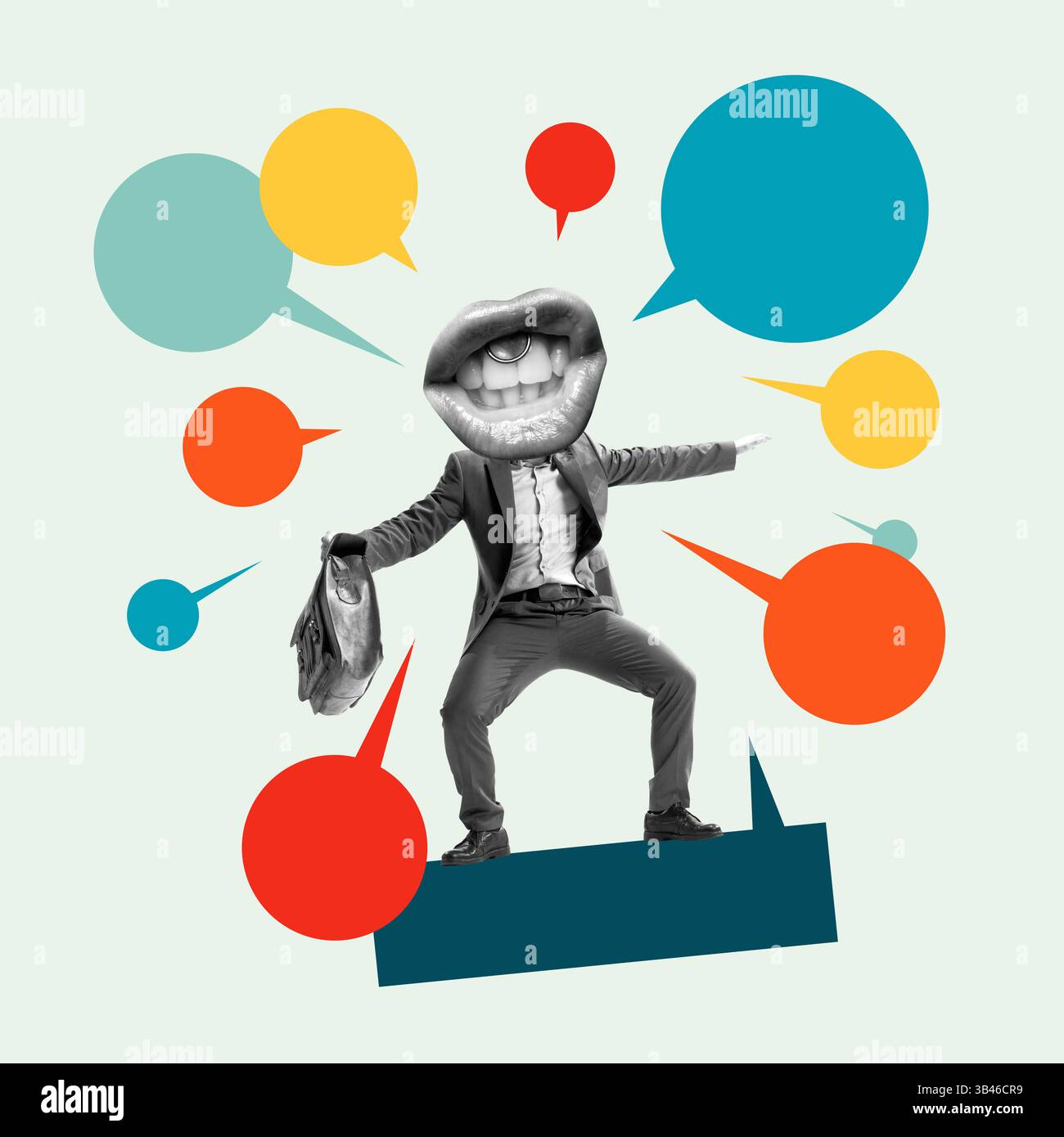 Creative art collage. Proclamation Pose. Man with wide mouth surrounded ...
