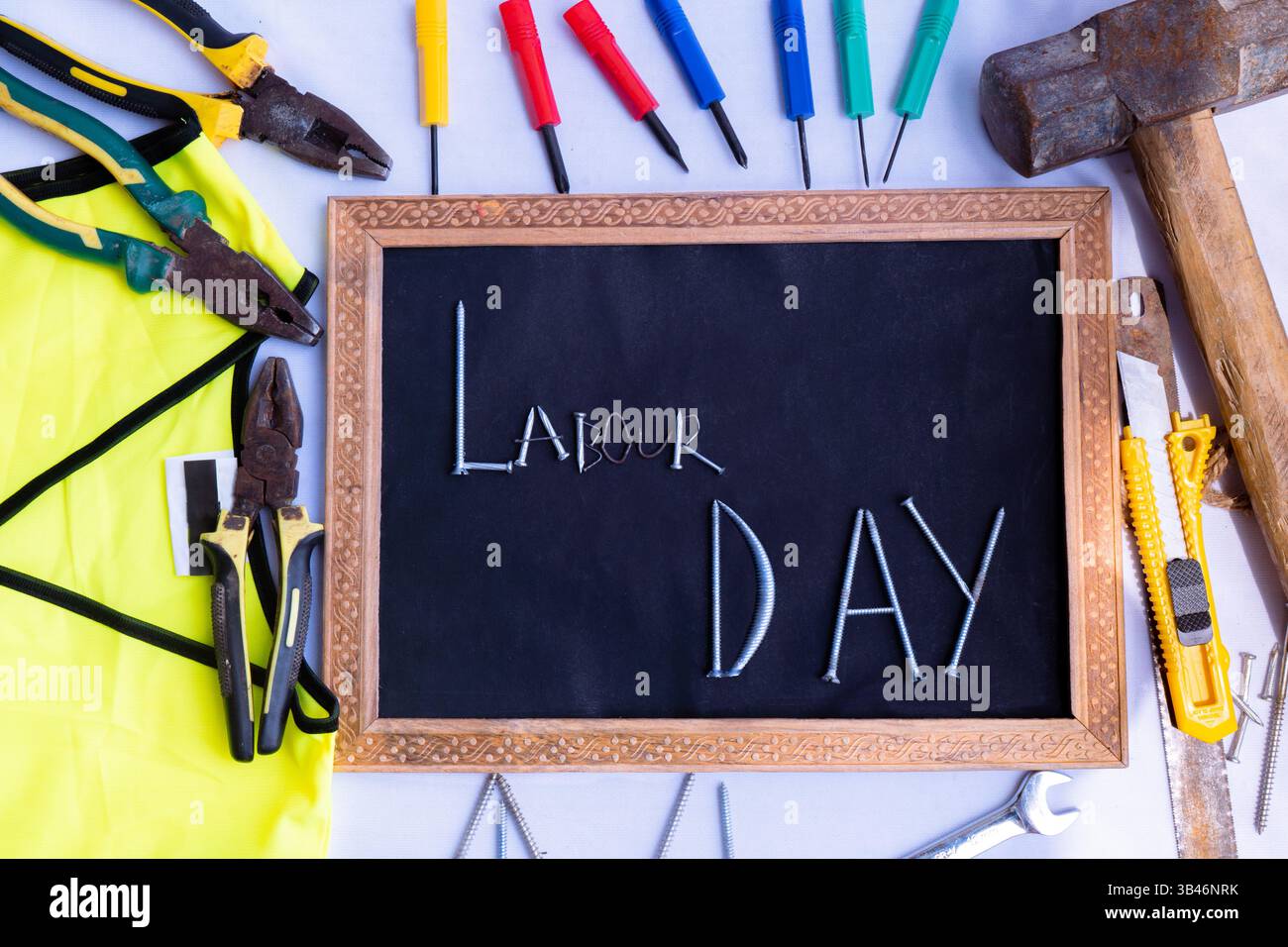 Collection of essential hardware tools like Screwdriver, hammer, Wrench ...