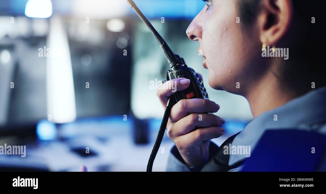 Security, control room and woman at computer screen with radio ...