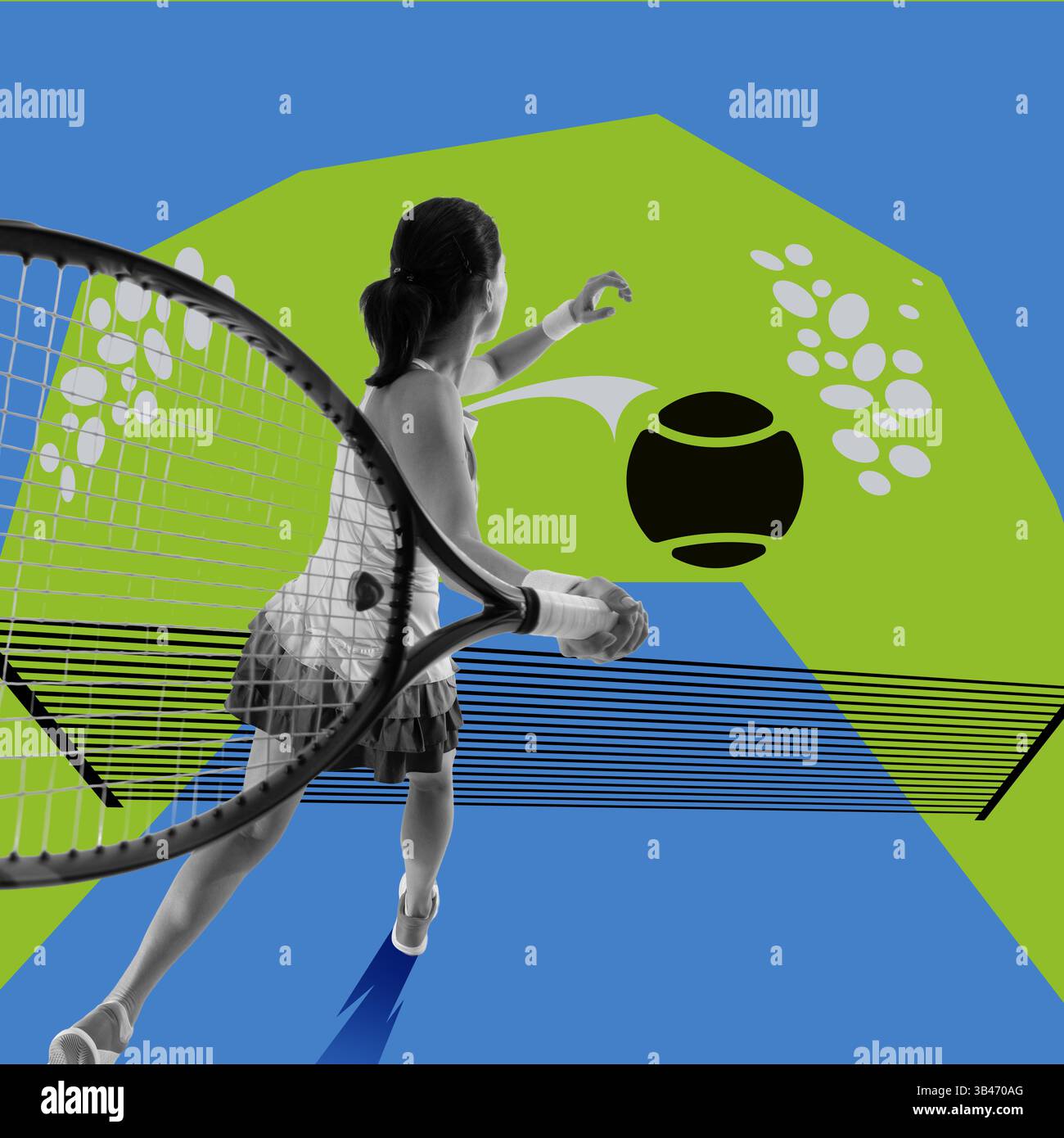 Conceptual art design. Female tennis player reaches for fast serve ...