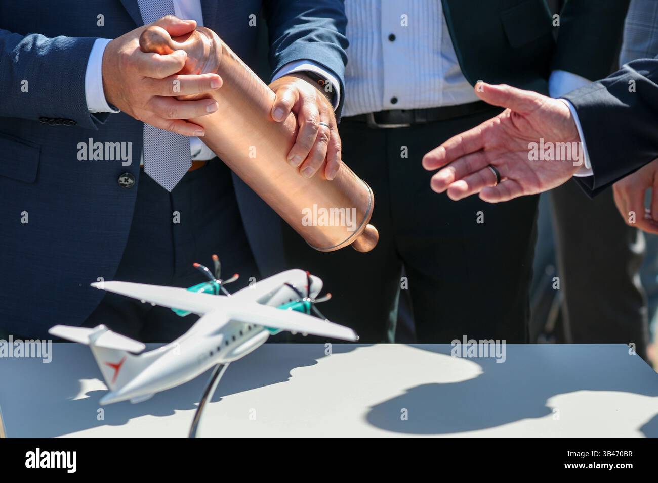 30 April 2025, Saxony, Schkeuditz: The model of Deutsche Aircraft's ...