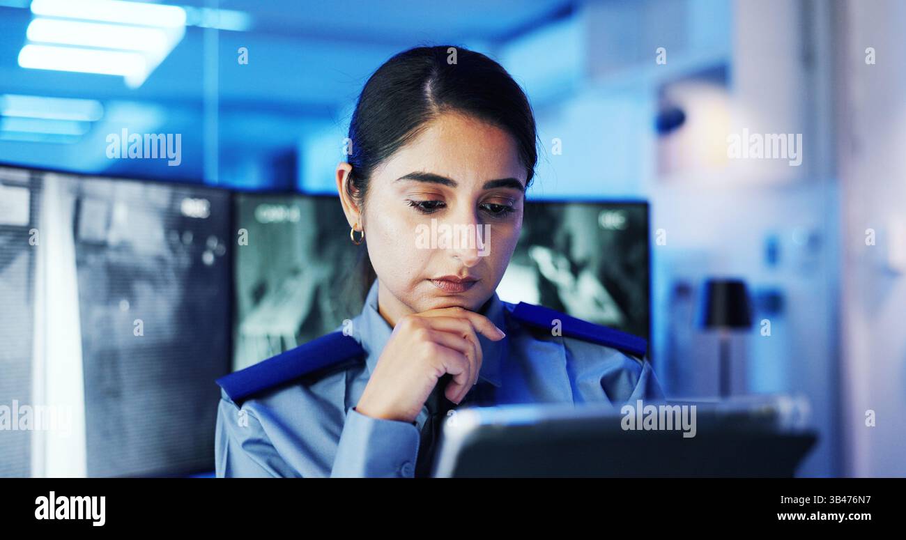 Security guard, thinking and woman with tablet, cctv screen or footage ...