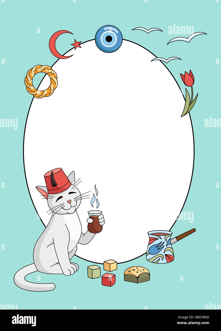 Hand drawn Turkey culture oval frame, copy space. Turkish traditional ...