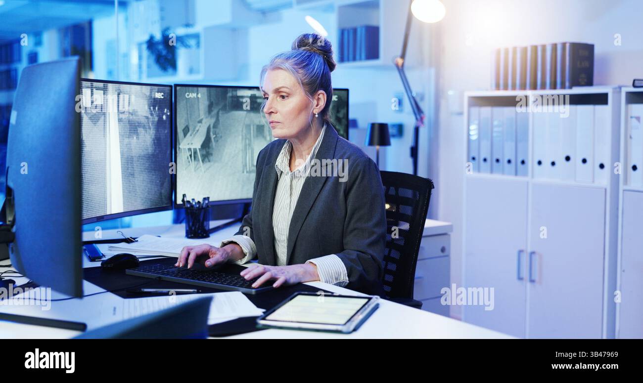 Security, bodyguard and woman on computer for surveillance ...