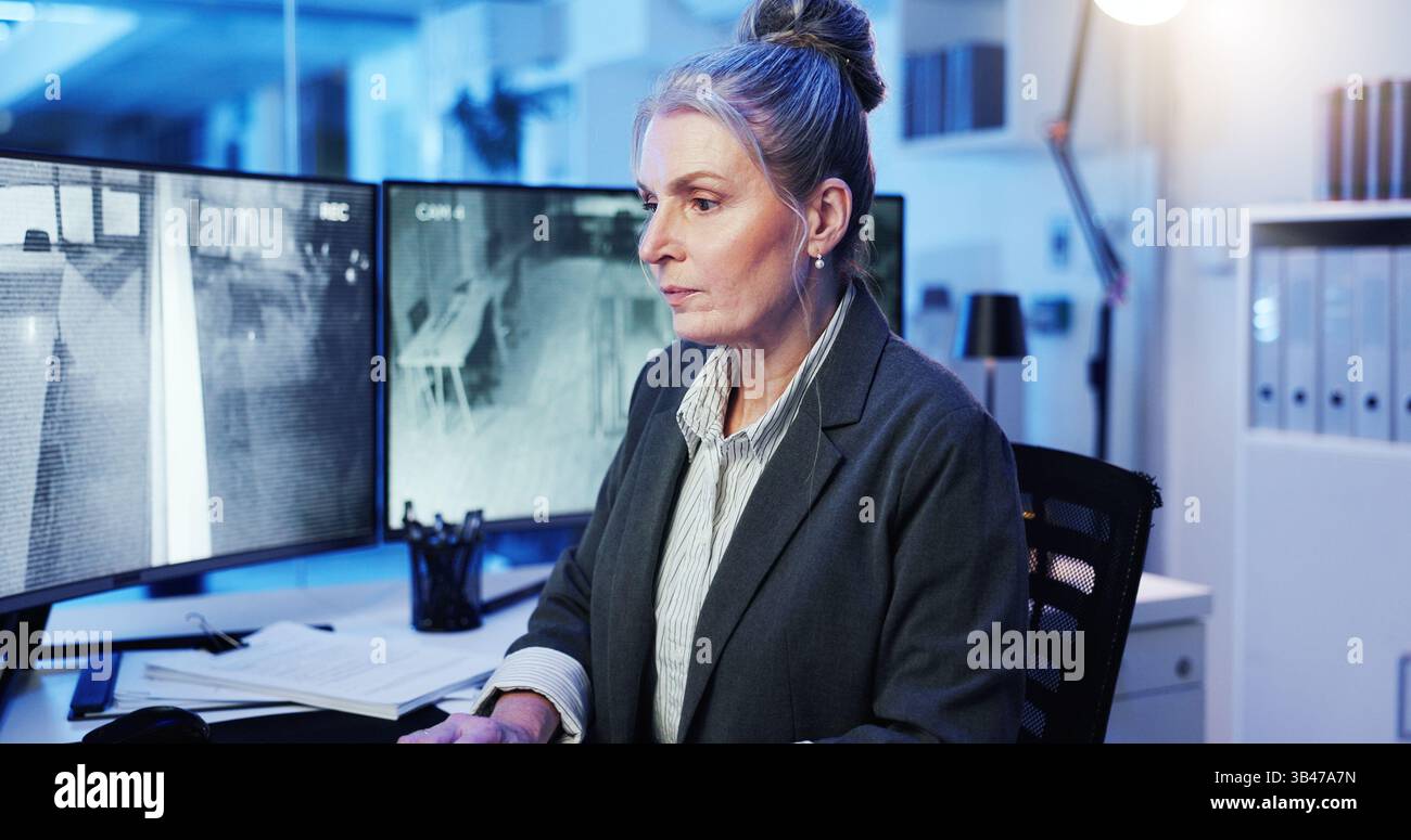 Security, computer and woman in control room for surveillance ...