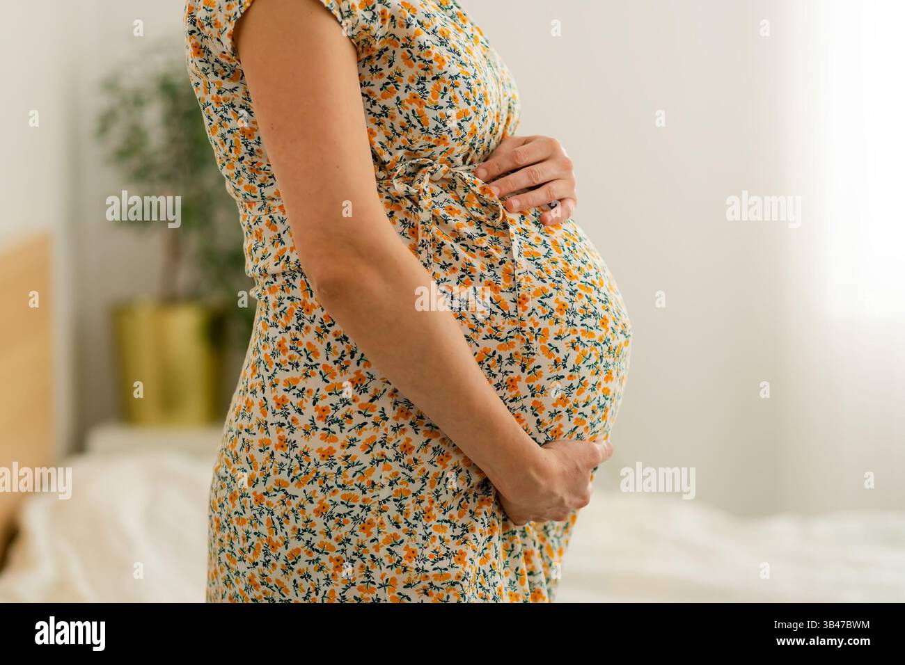 Close-up view of expecting mother's gentle hands caressing her pregnant ...