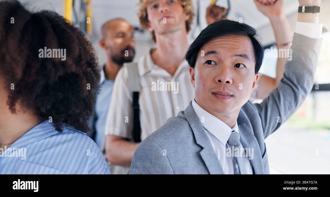 Business, commute and thinking with Asian man on bus for public ...