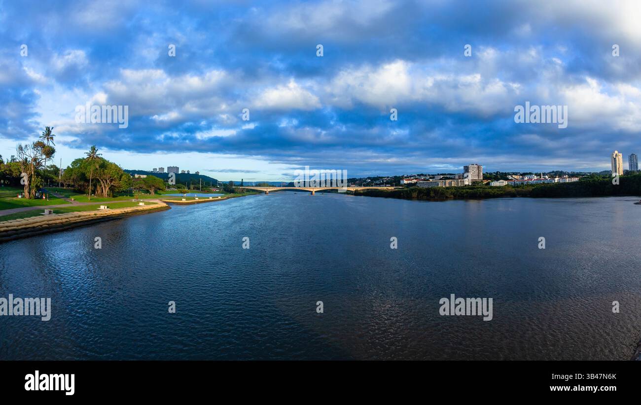 Morning overview from bridge crossing of Umgeni River inland water ...
