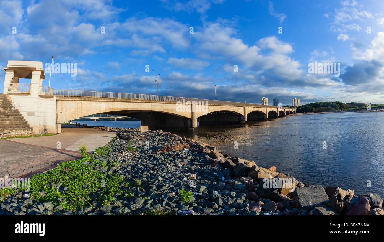 Morning overview from bridge crossing of Umgeni River mouth inland ...