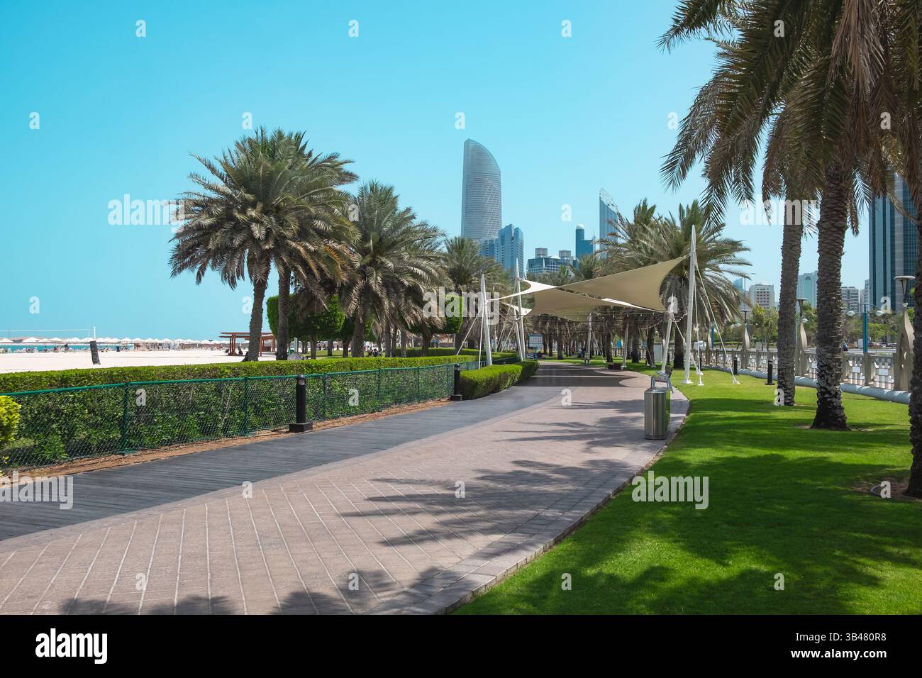 Beautiful walkway in urban city park with green trees. View of the ...