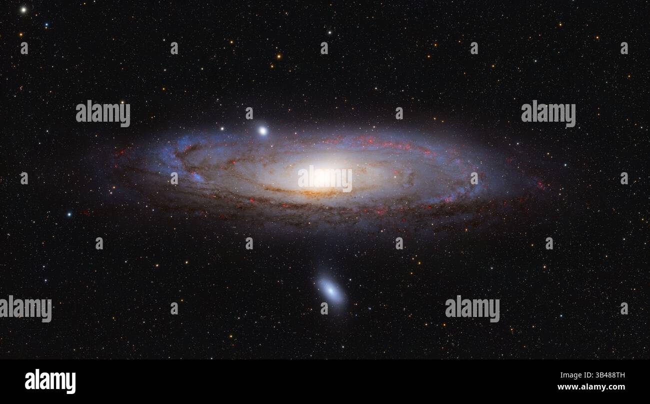 Andromeda Galaxy (M31, Messier 31), its satellite galaxies (M32 and M110) and hundreds small ...