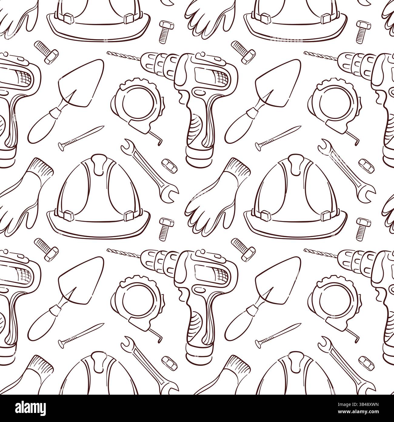 Seamless pattern of line art style construction tool including drill ...