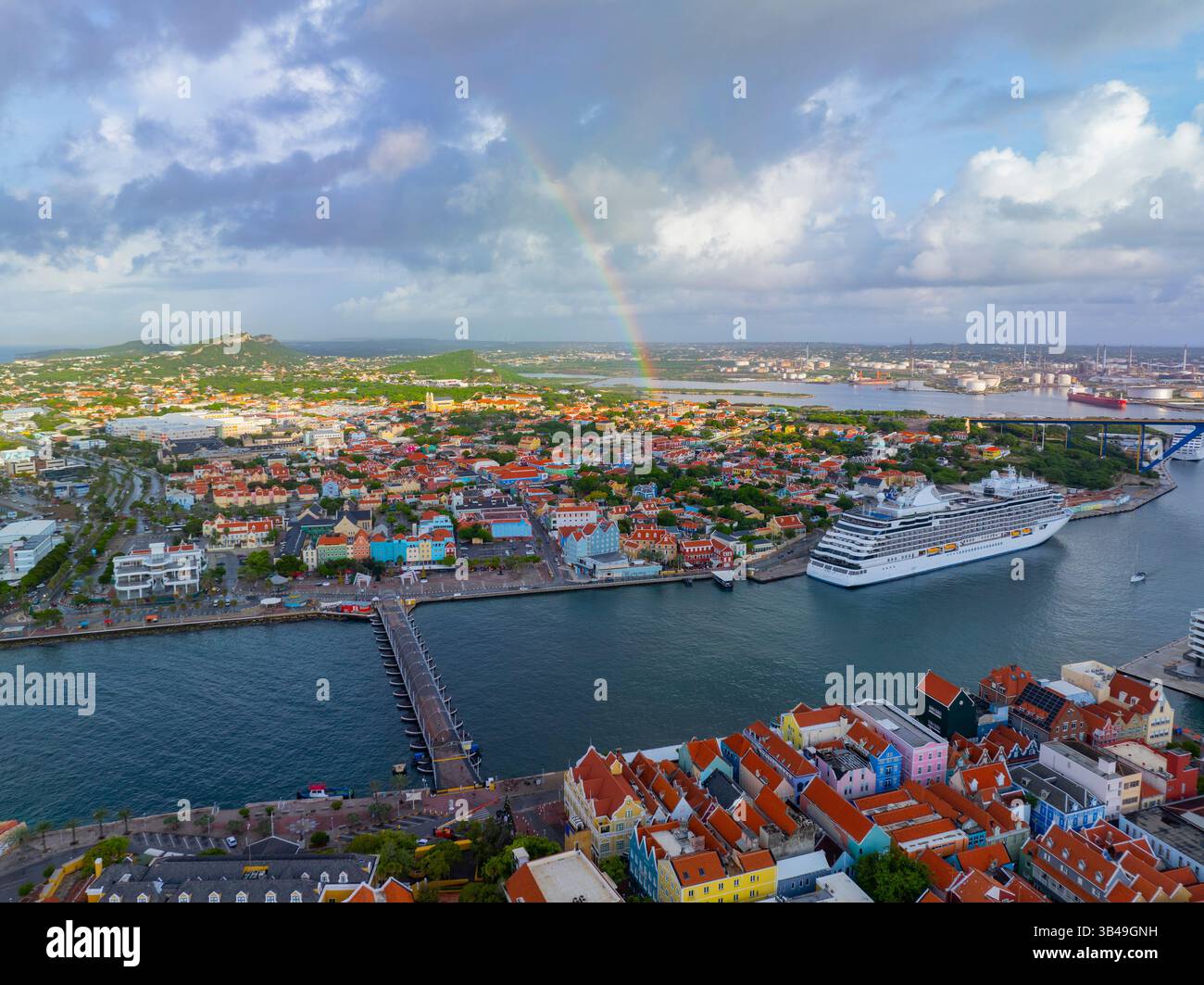 Koningin Emmabrug floating bridge aerial view which connects Punda and ...