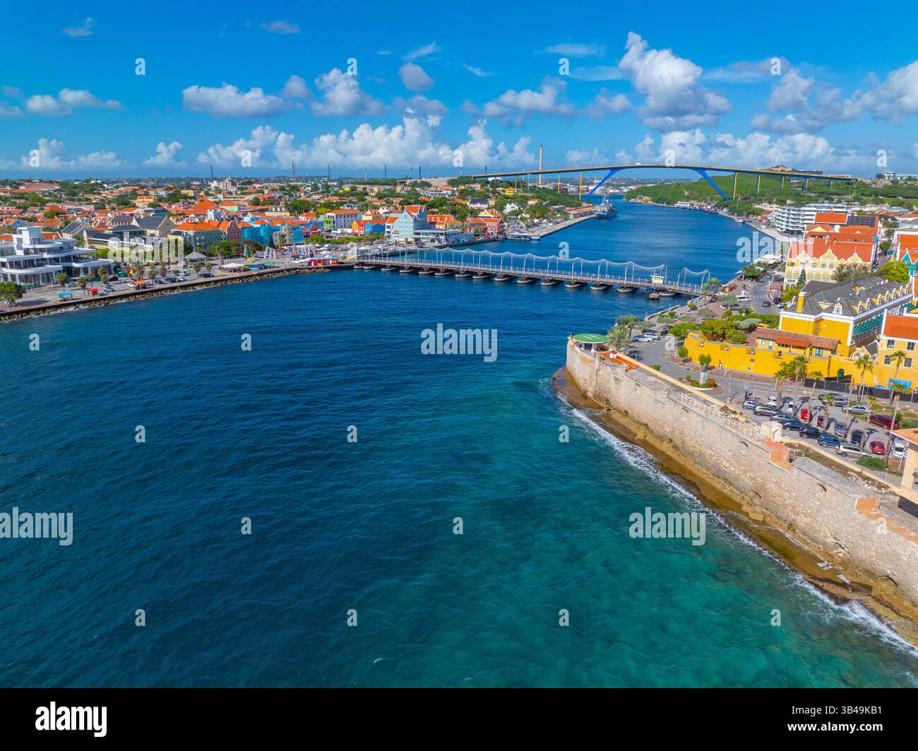 Koningin Emmabrug floating bridge aerial view which connects Punda on ...