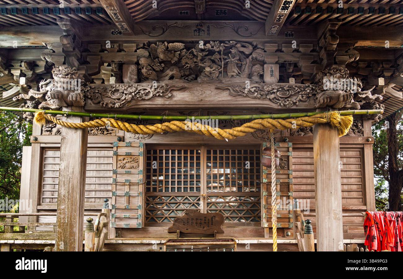 Detailed wood carvings of mythological creatures decorate the wooden ...