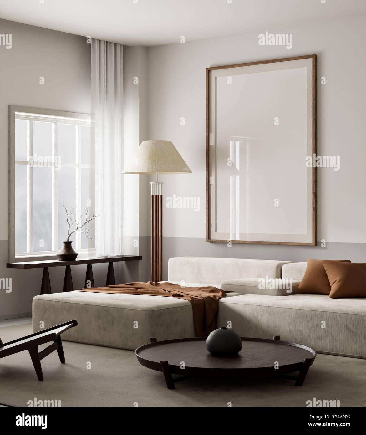 living room interior mock up with modern furnitures. Poster frame mock ...