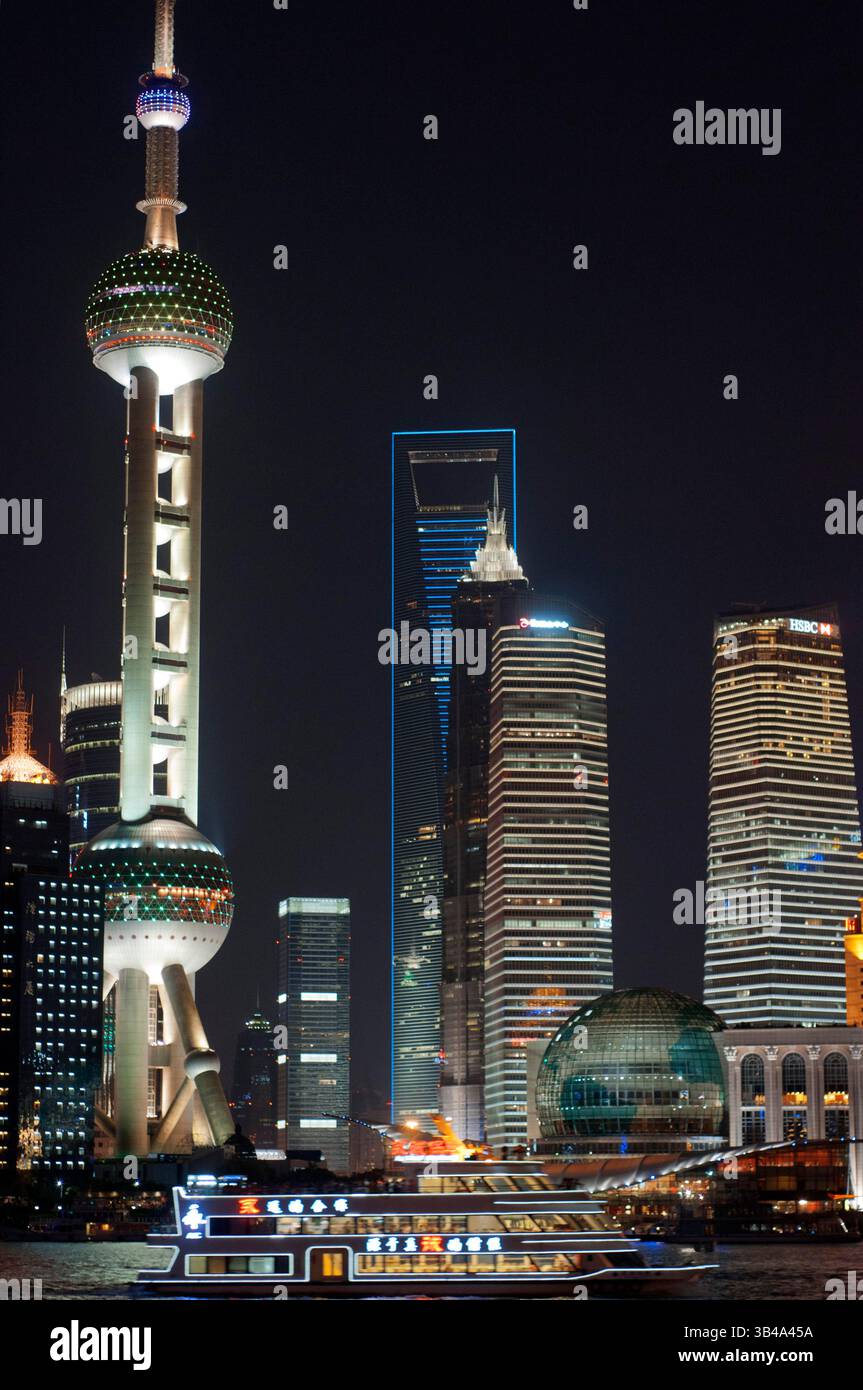 Pudong Skyline, by night, Shanghai, China. Skyline of Pudong as seen ...
