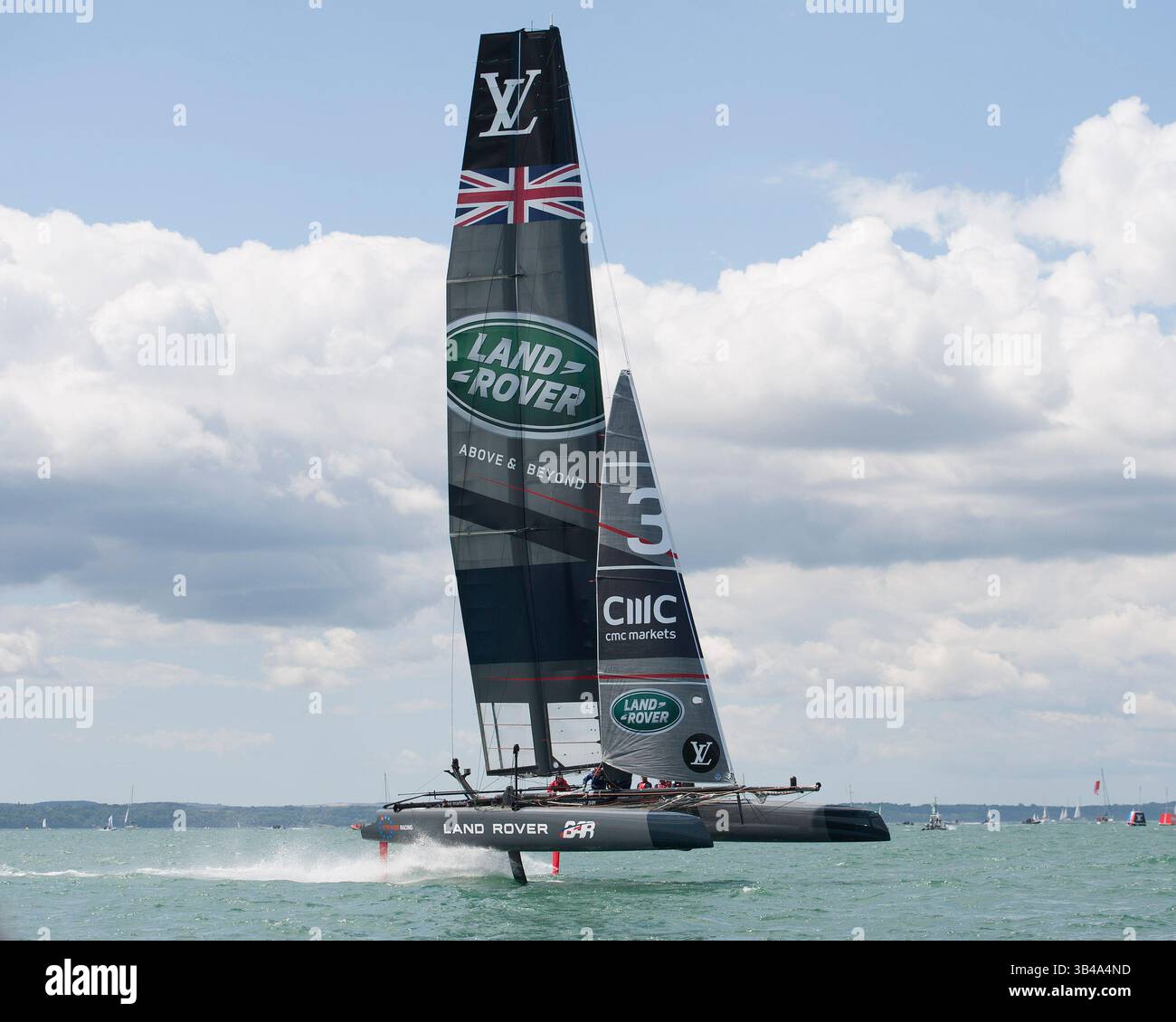 25 July 2015: Land Rover BAR in flight during the America's Cup first ...