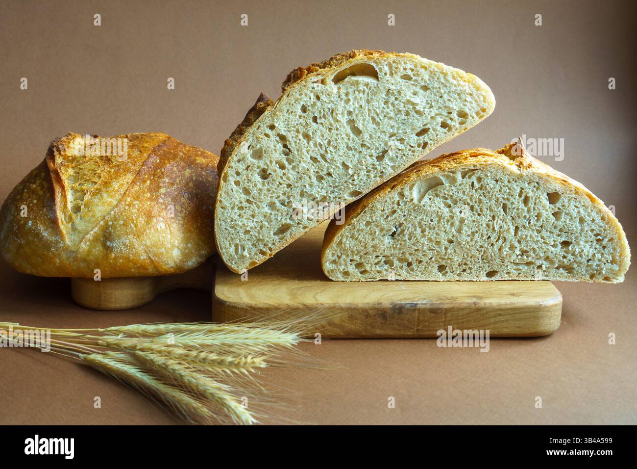 classic sourdough artisan bread in cross section, showing the airy ...