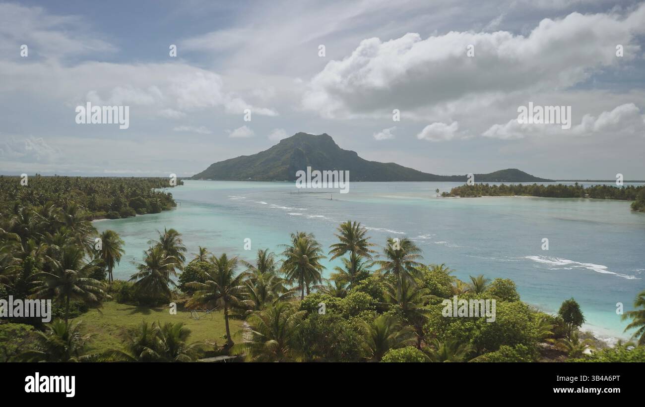 Aerial view tropical island with turquoise water lagoon, palm trees ...