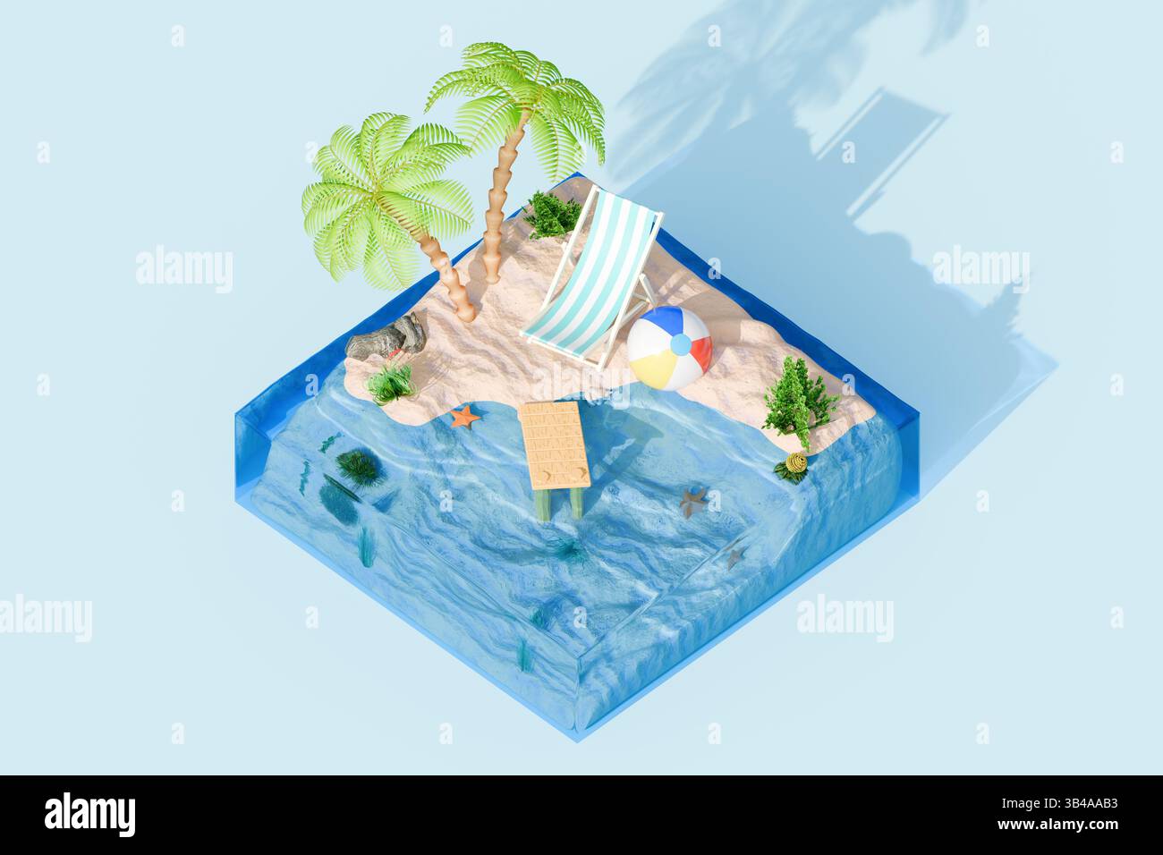 A vibrant tropical island scene featuring palm trees and a serene blue ...