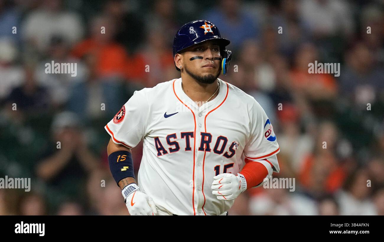 Houston Astros' Isaac Paredes runs up the first base line during the ...