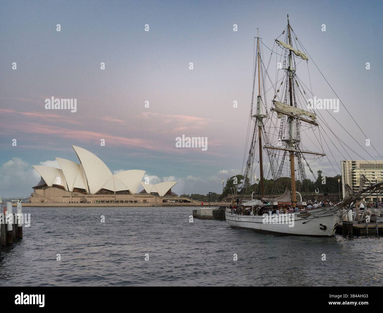Scenic view of a tall ship sailboat in of Port Jackson, commonly known ...