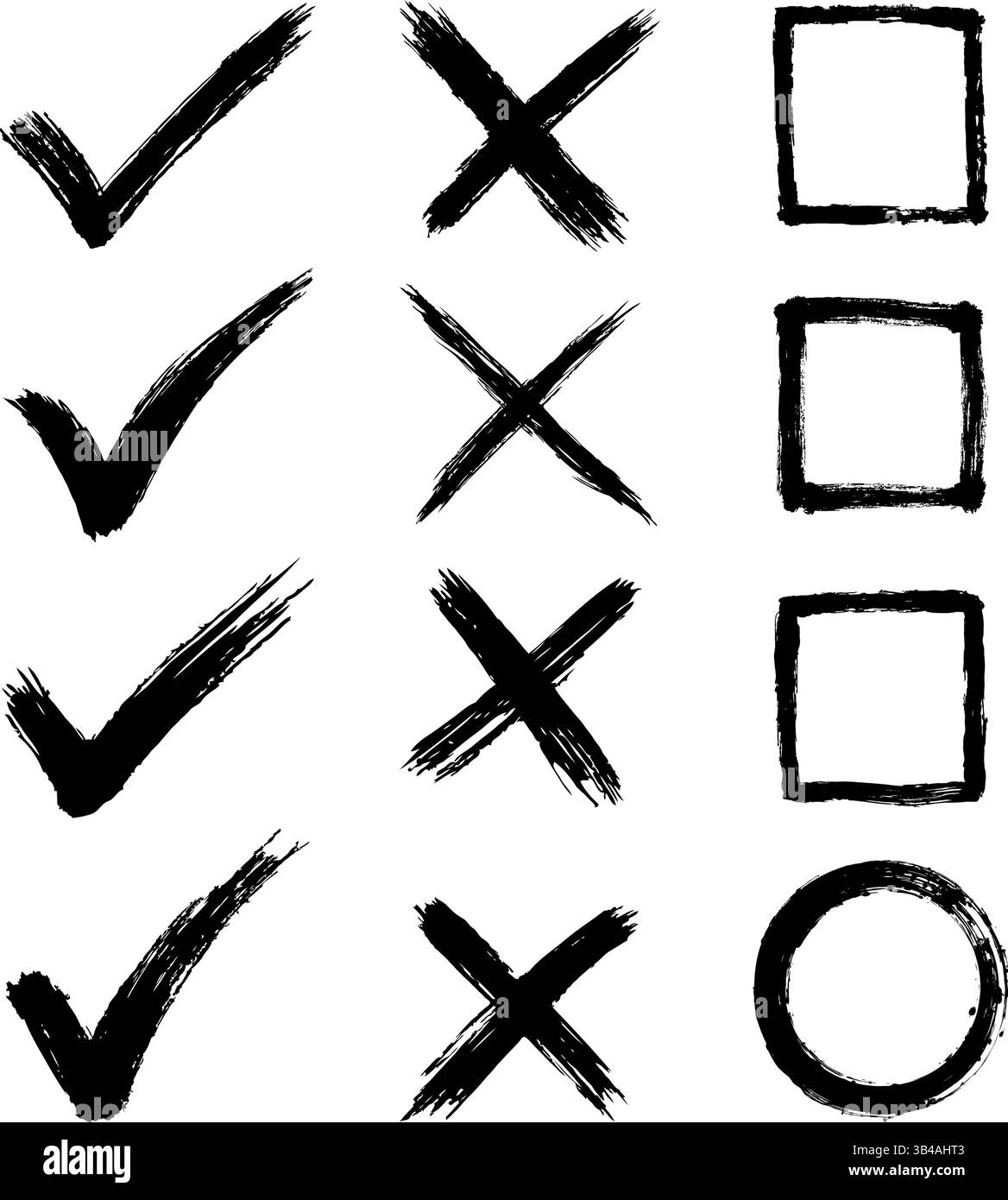 Grunge style brush strokes forming checkmarks, X marks, empty squares ...