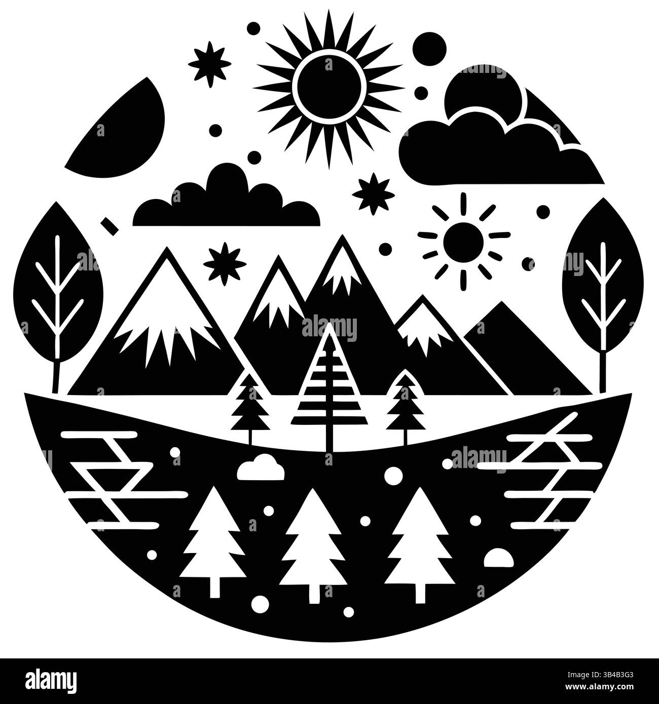 Circular Nature Scene Design: Mountains, Trees, River, and Stars Stock ...