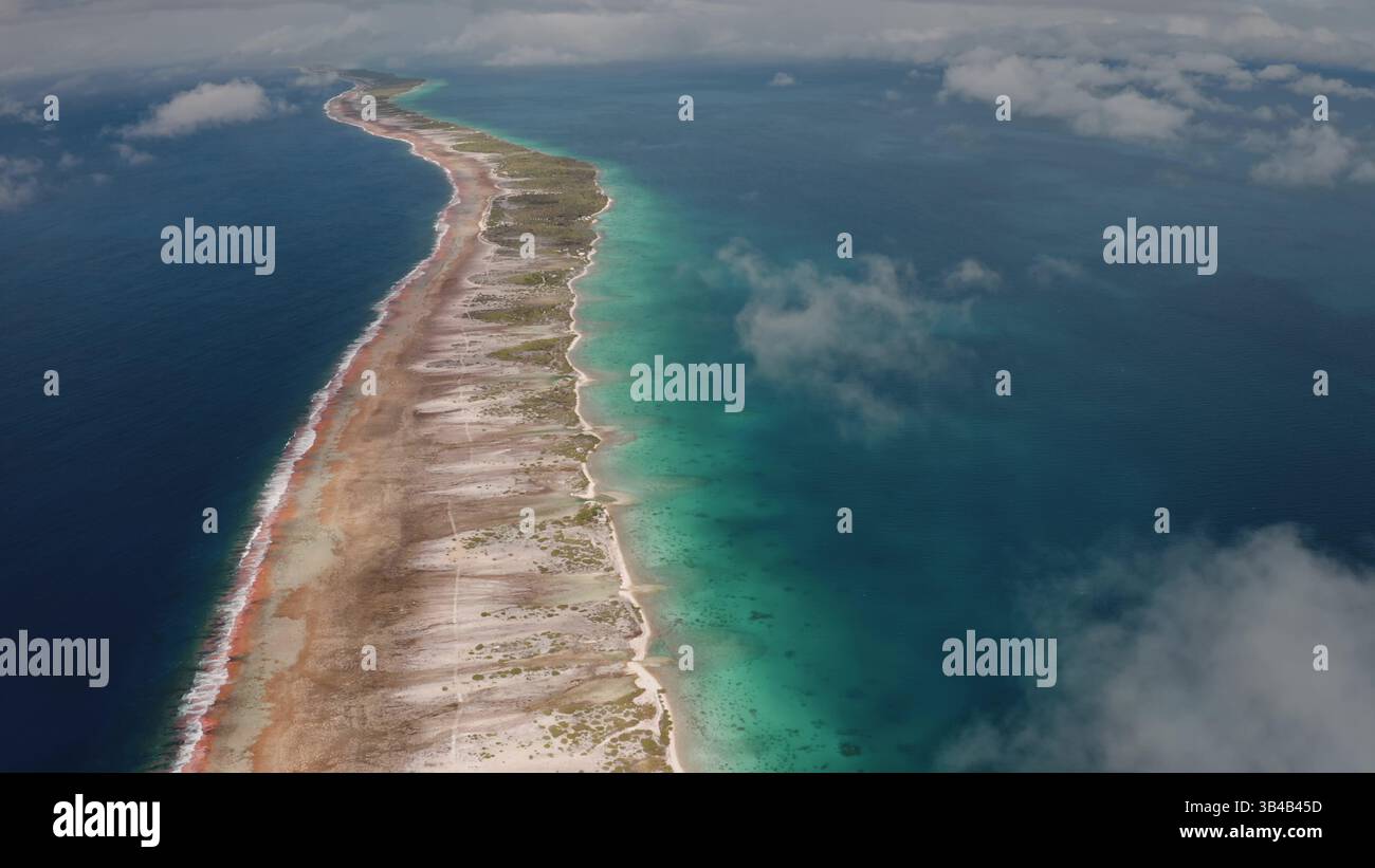 Overhead perspective of Rangiroa, largest atoll in Tuamotus archipelago ...