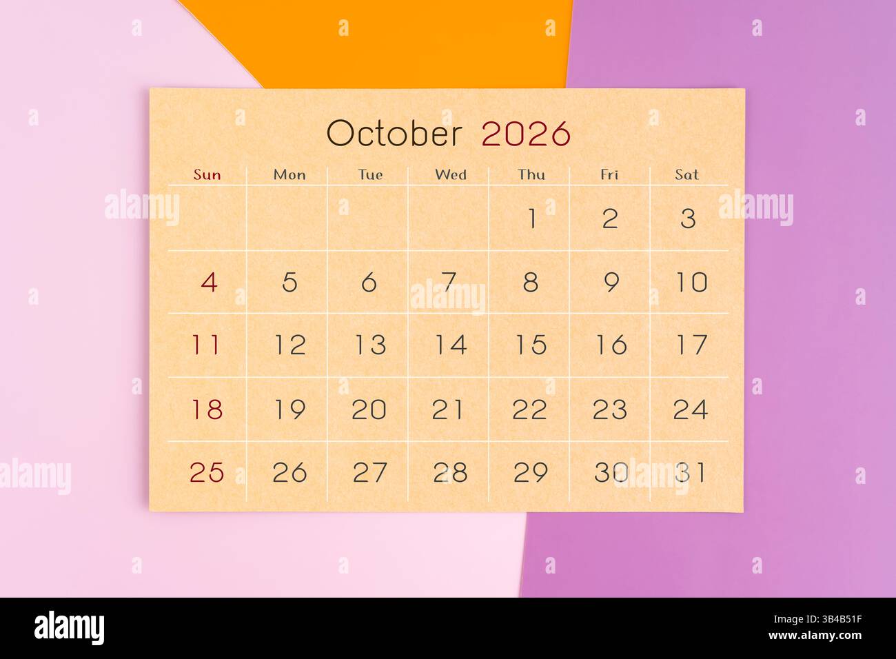 October 2026 calendar brown paper page on purple color background Stock ...