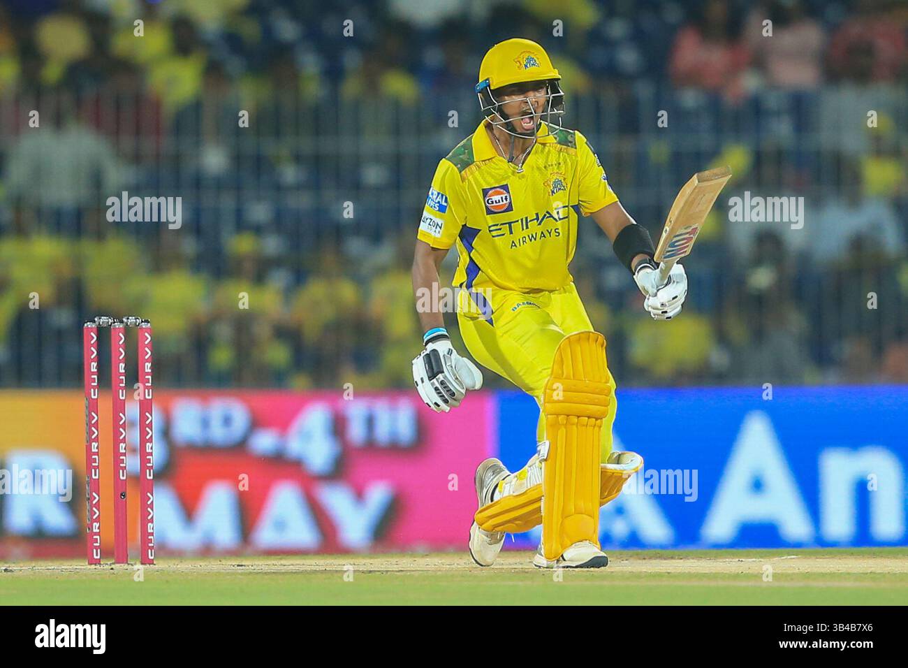 Chennai Super Kings' Shaik Rasheed plays a shot during the Indian ...