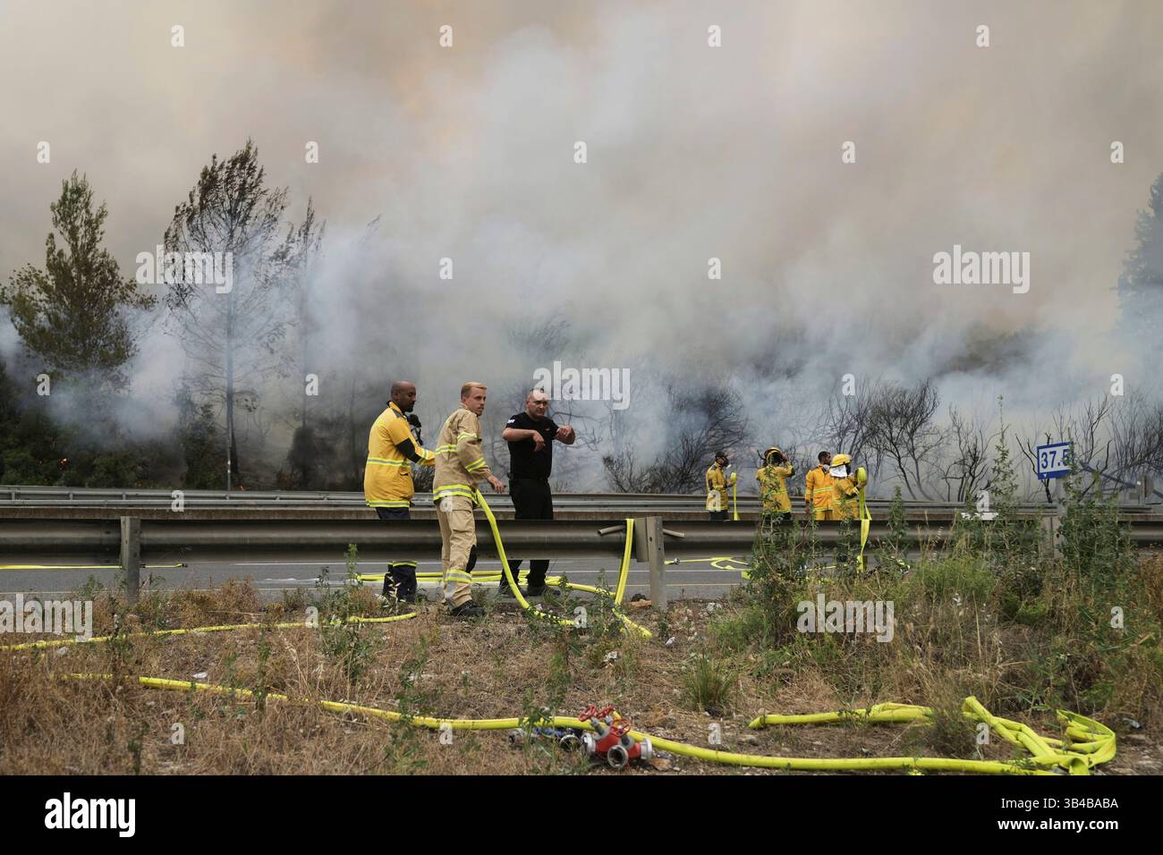 Firefighters work to extinguish a forest fire burning on a freeway to ...