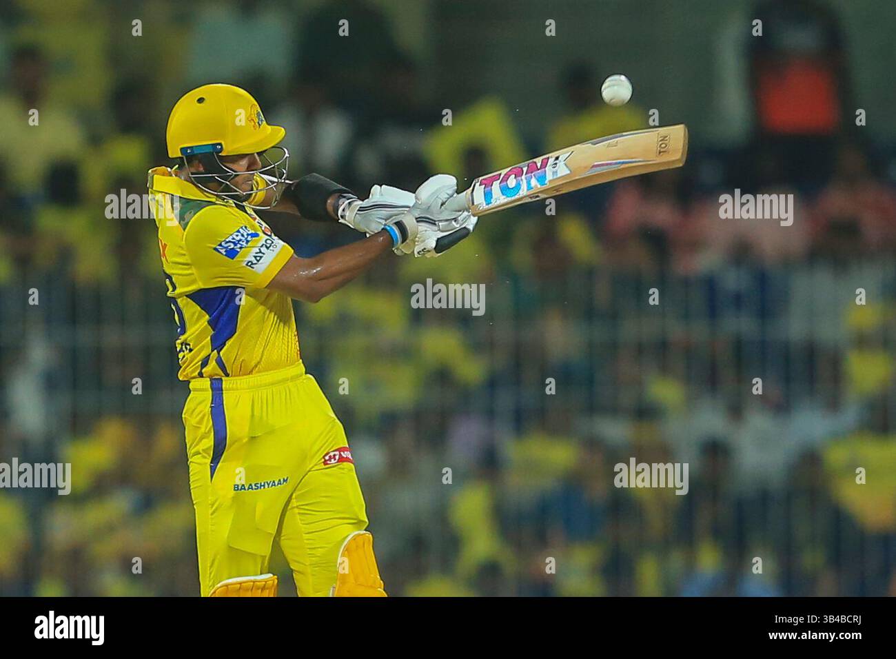 Chennai Super Kings' Shaik Rasheed plays a shot during the Indian ...
