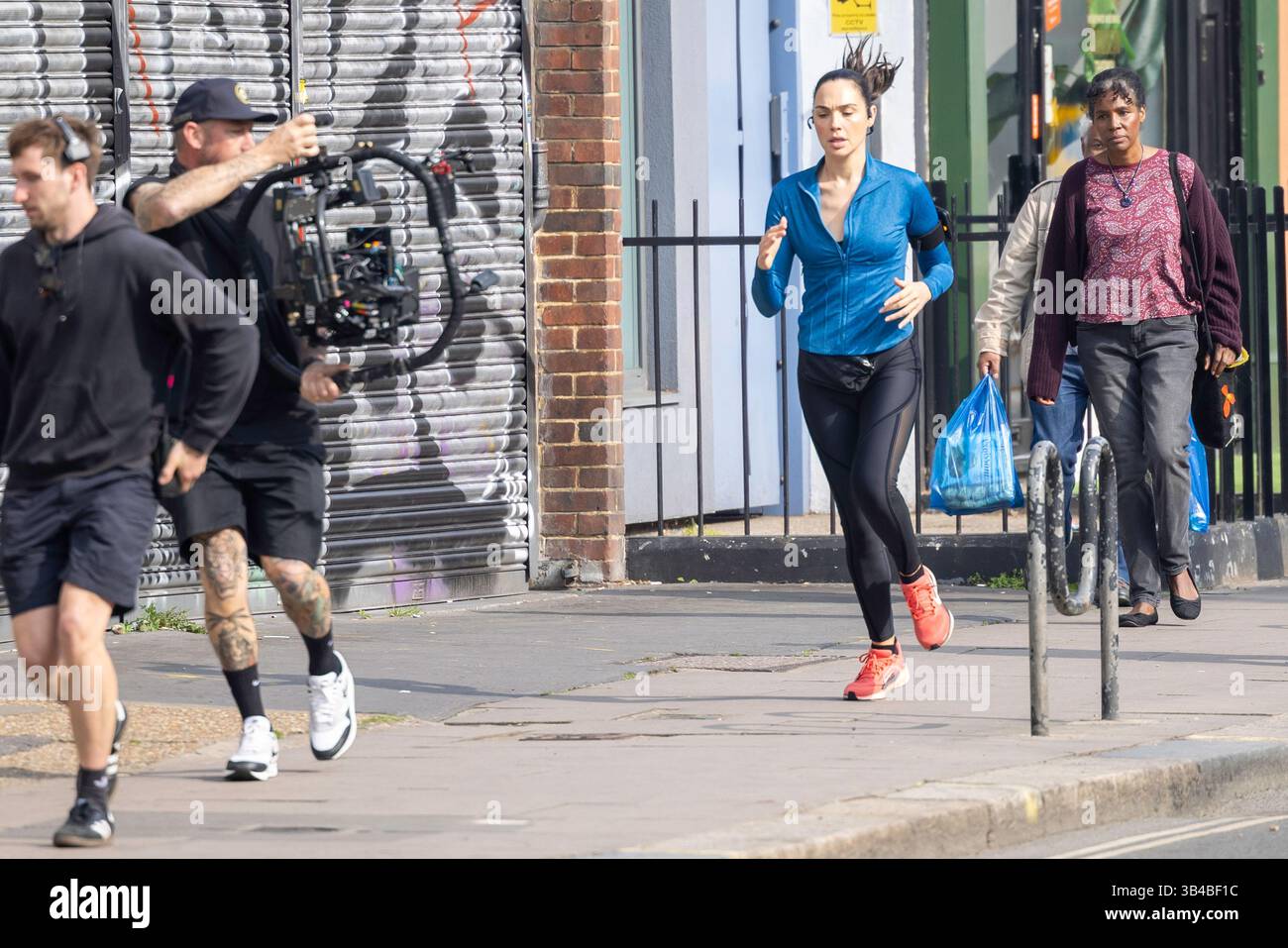 Gal Gadot filming a scene for 'The Runner' in Camden, London, wearing a ...