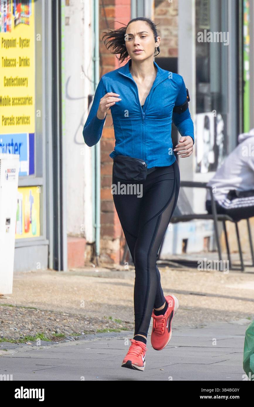 Gal Gadot filming a scene for 'The Runner' in Camden, London, wearing a ...