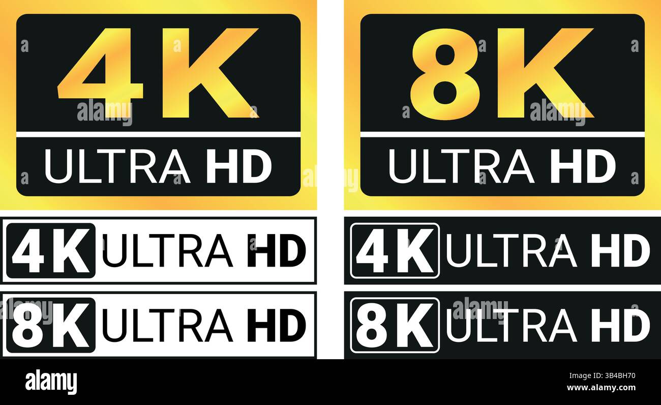 Collection of 4K and 8K Ultra HD resolution labels in different styles ...