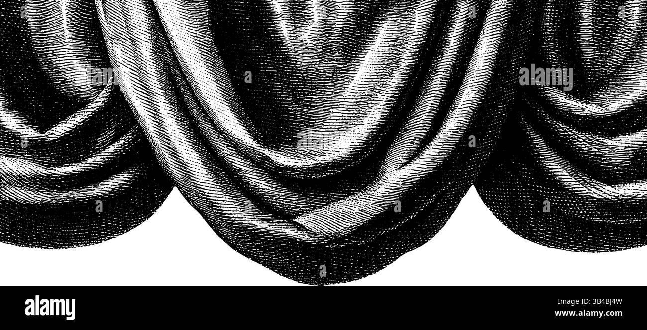 Elegant ornamental drapery engraving with intricate black detailing for ...