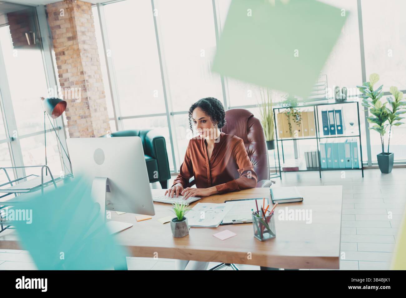 Professional woman in a modern office workstation illuminated by ...