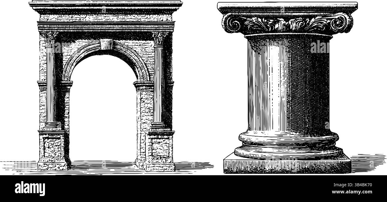 Engraved architectural elements featuring triumphal arch and corinthian column illustrations ...