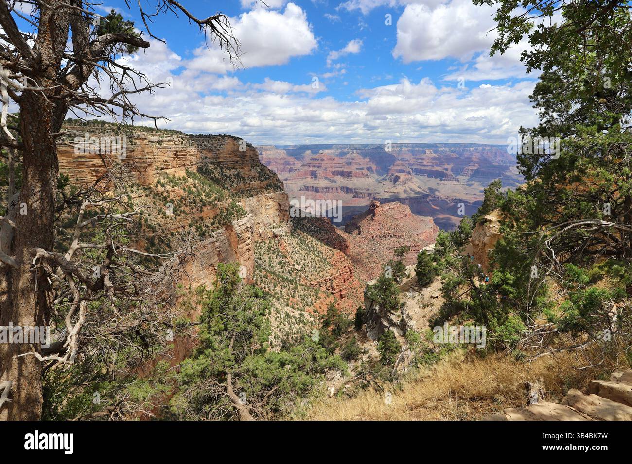 Grand Canyon panoramic view with layered rock formations, deep valleys ...