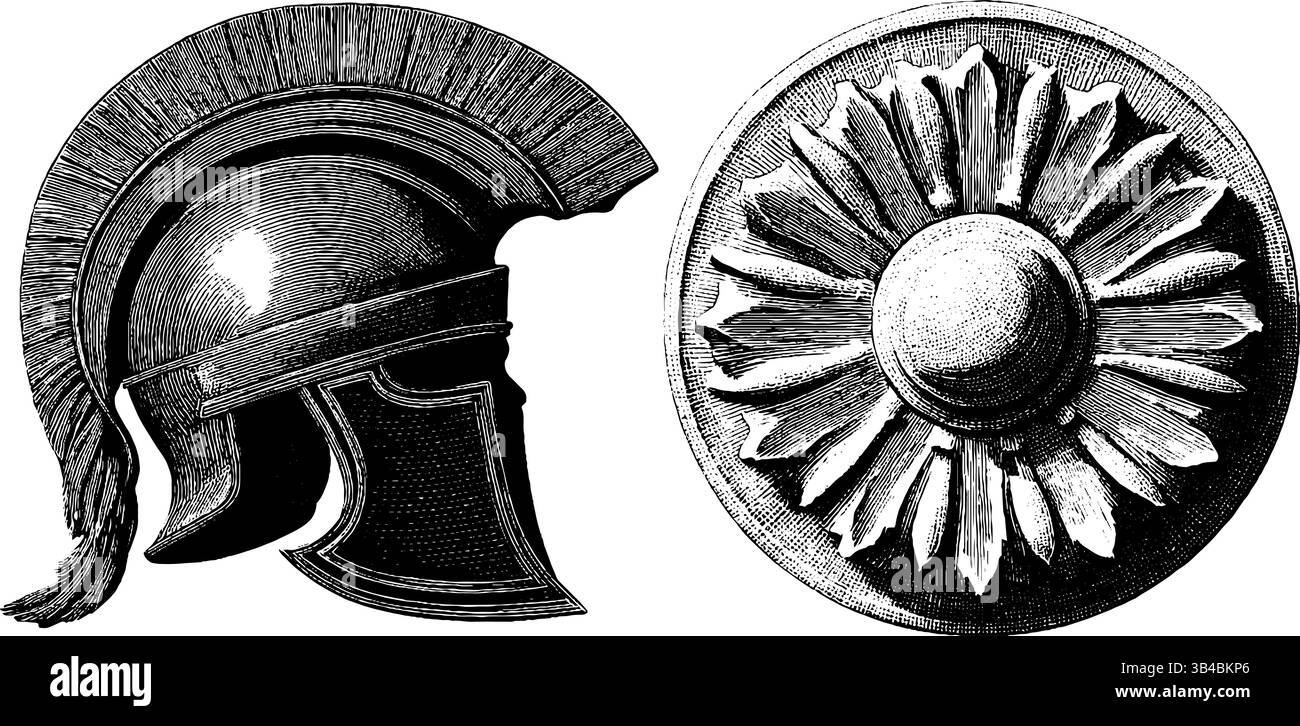Engraved illustration of roman helmet and shield design for historical ...