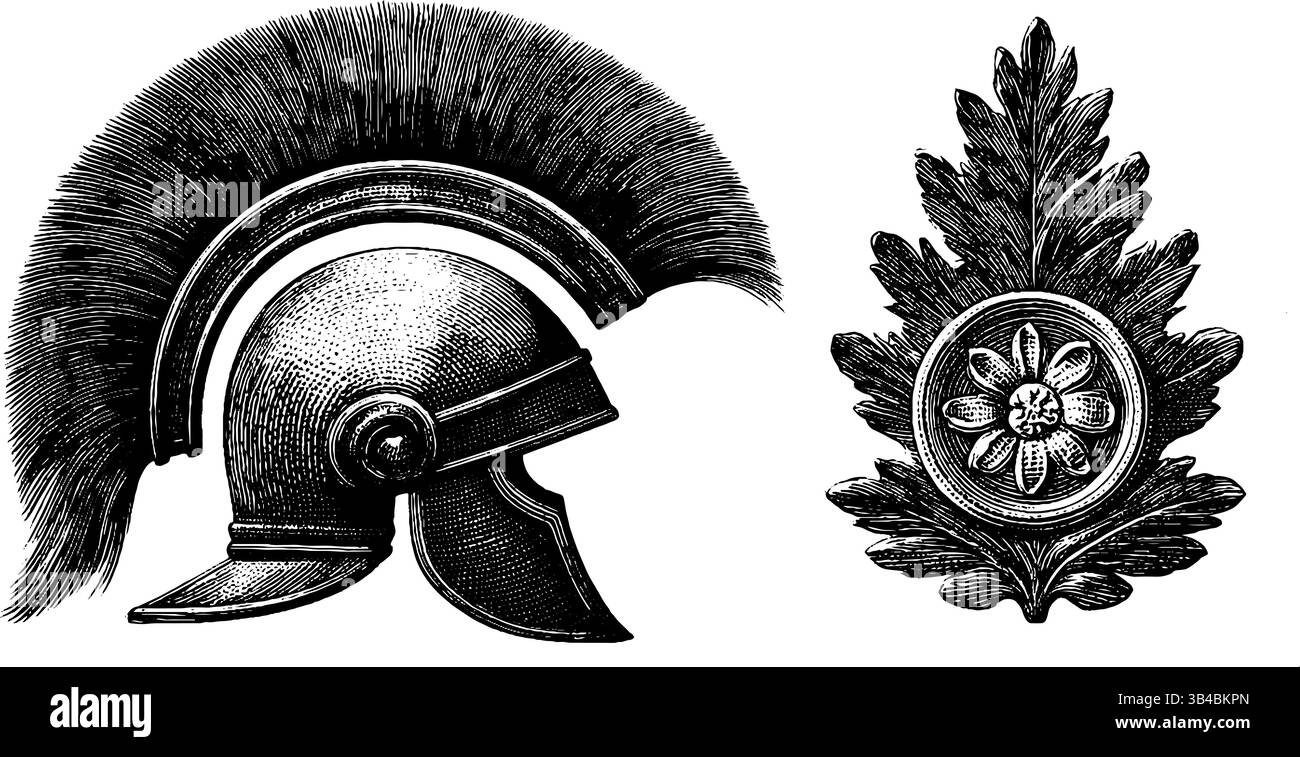 Engraved roman helmet and laurel design illustration for historical ...