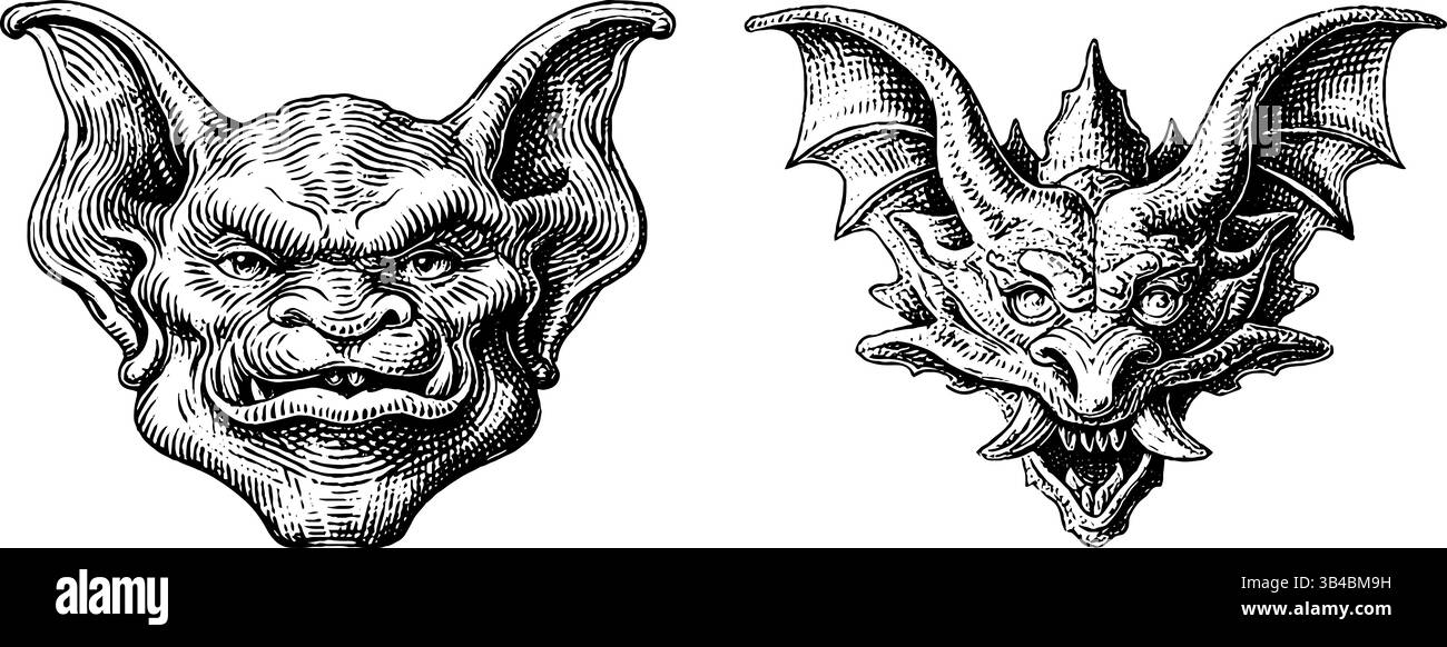 Intricate engraved illustrations of gargoyle and grotesque creatures ...