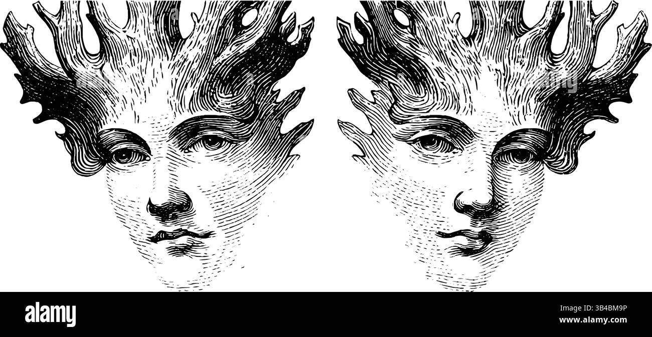 Mythical dryad and tree spirit engraved art for nature-themed design ...