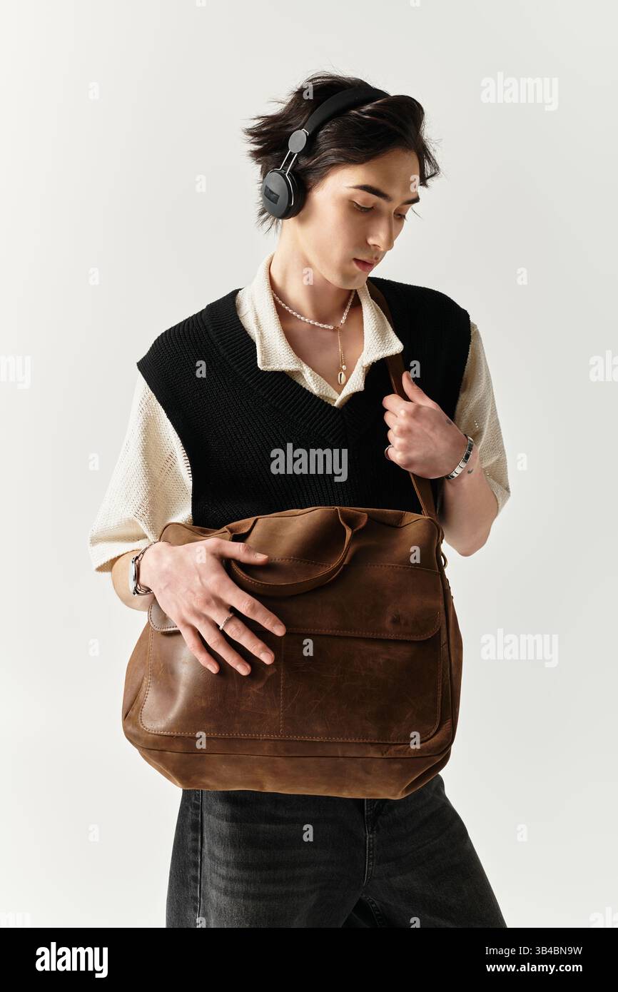 A dapper young man poses confidently in a chic studio, exuding ...
