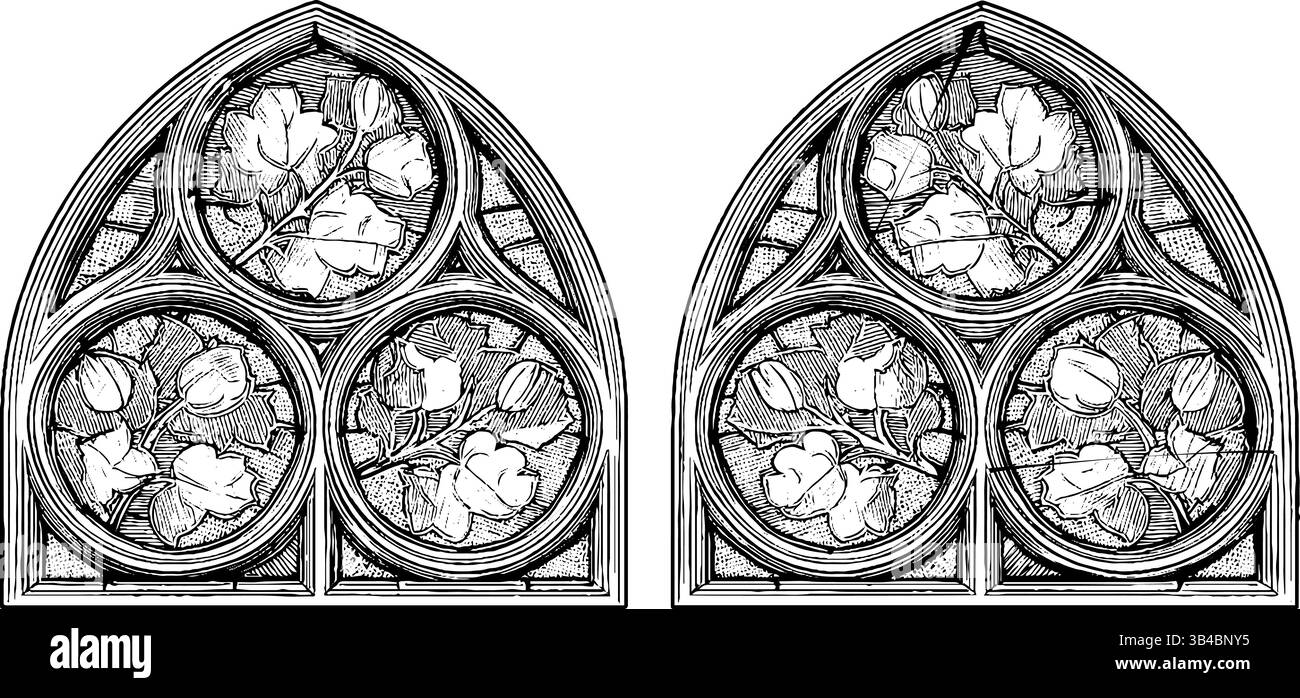 Engraved ogival window design set featuring intricate floral patterns ...