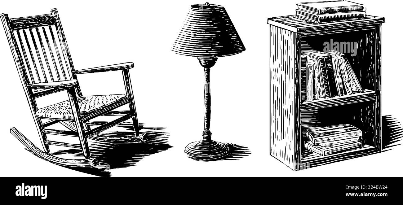 Vintage engraved illustration of rocking chair with floor lamp and ...