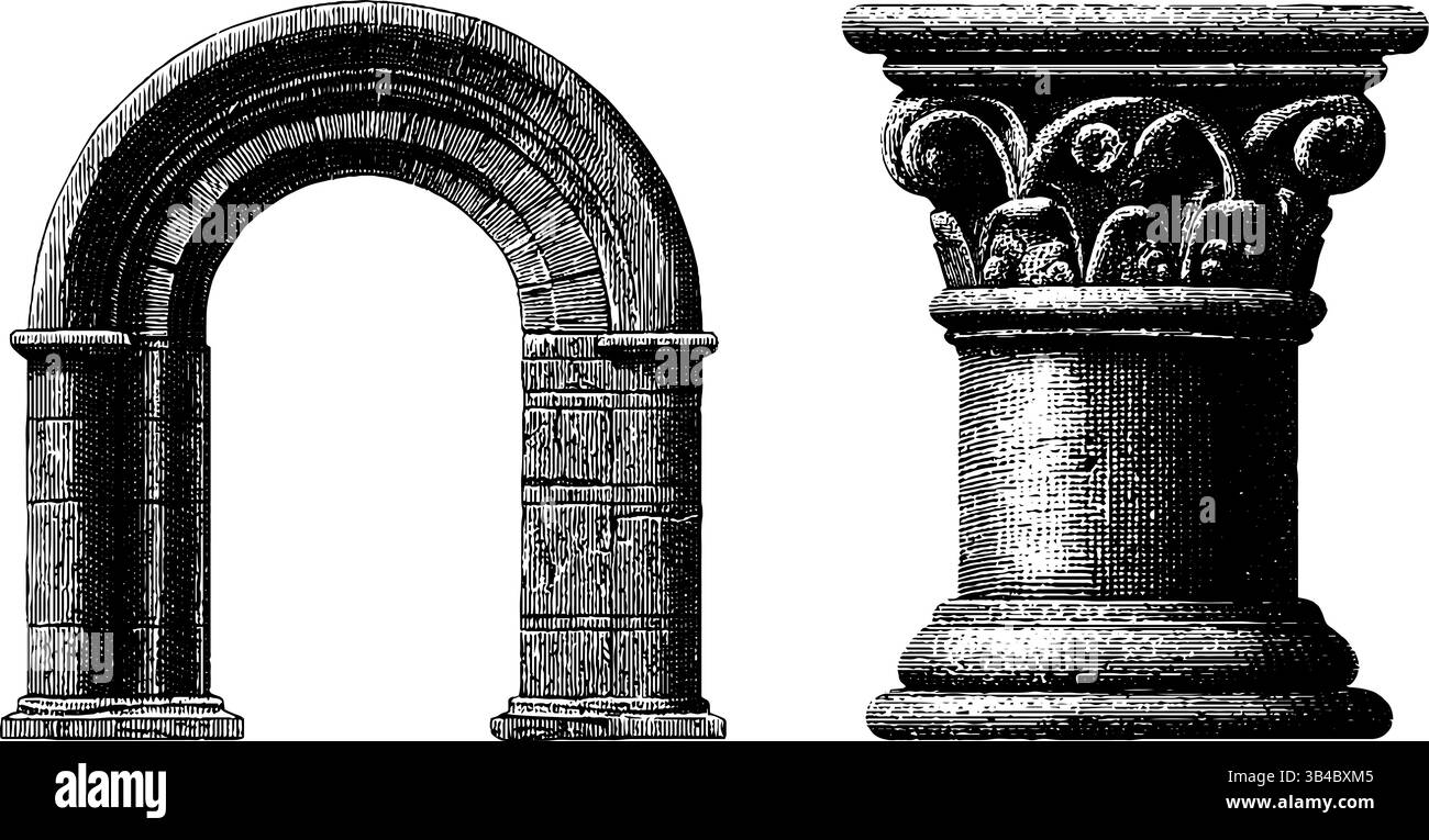 Vintage gothic architecture elements: ogival arch and ornate column ...