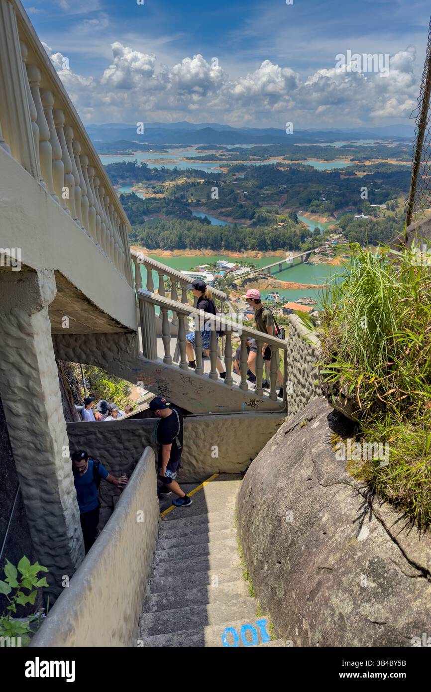 Tourists climbing & descending the 740 stairs to the top of the Piedra ...